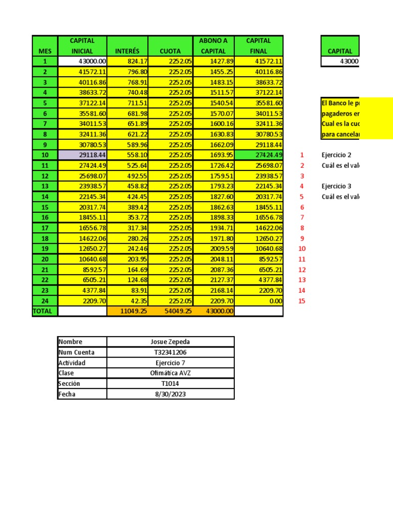 EJERCICIO 7 AMORTIZACIÓN PLANTILLA Josue Zepeda | PDF | Interés ...