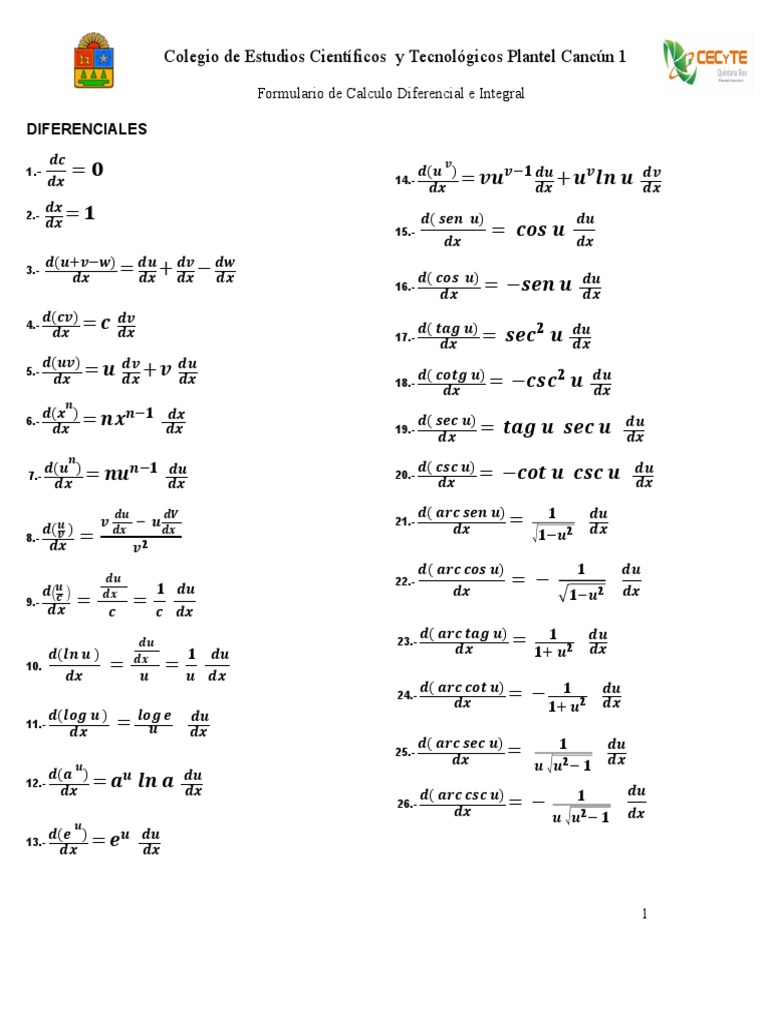 Fórmulas de Cálculo Diferencial e Integral | PDF | Integral