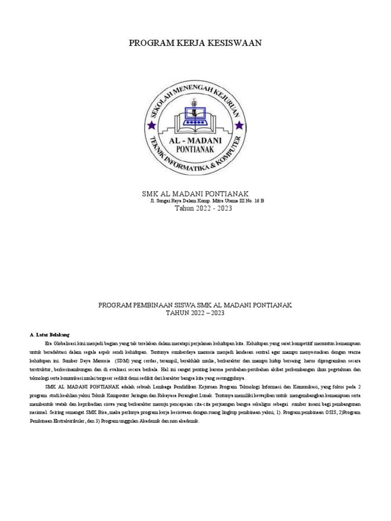 Program Kerja Kesiswaan SMK Mutiara | PDF