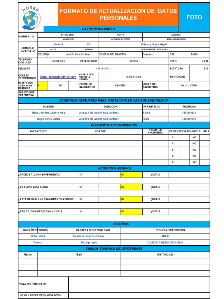 Formato de Actualizacion de Datos Personales 2019 R | PDF