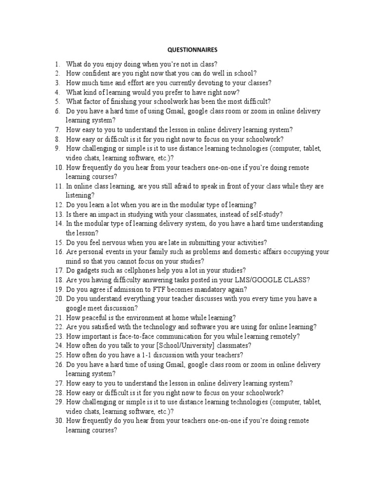 QUESTIONNAIRES | PDF | Distance Education | Educational Technology