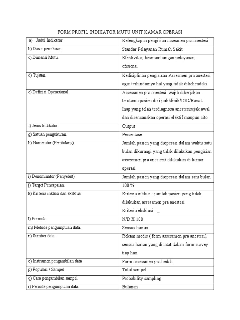 1 - FORM PROFIL INDIKATOR MUTU UNIT OK Anest | PDF | Sains & Matematika