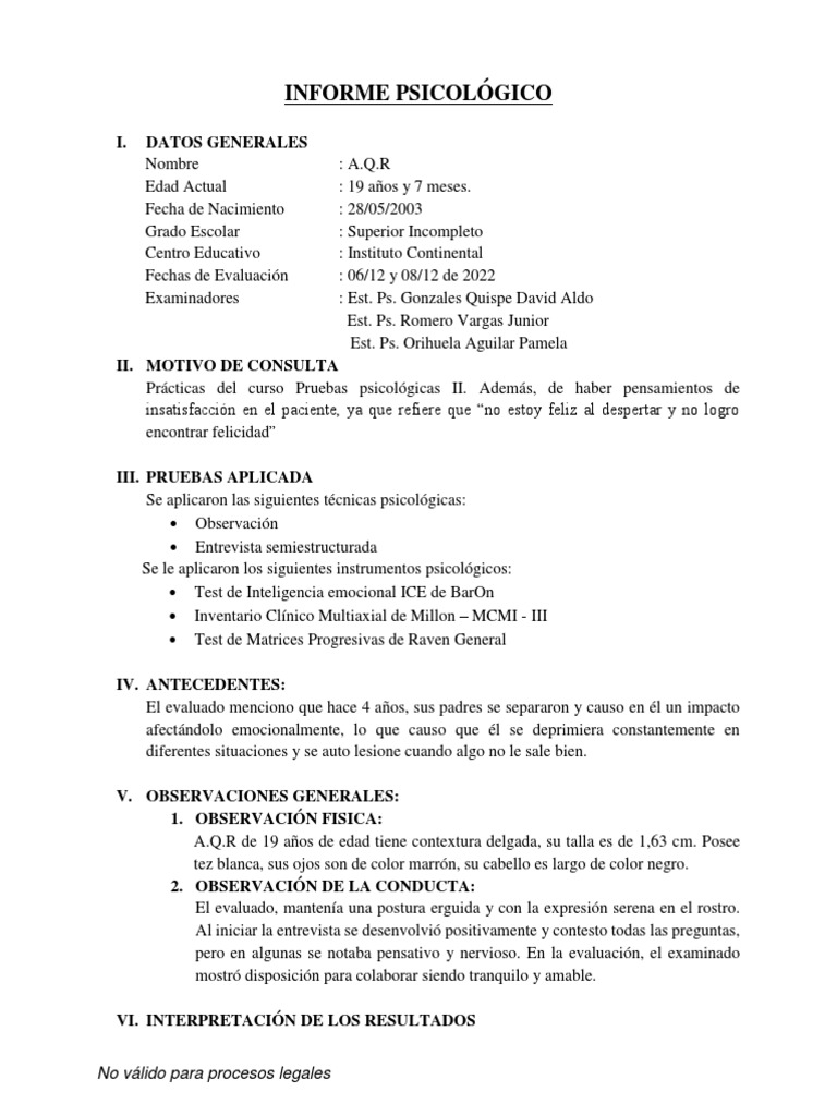 Informe Final Pruebas Psicologicas | PDF | Las emociones | Trastorno depresivo mayor