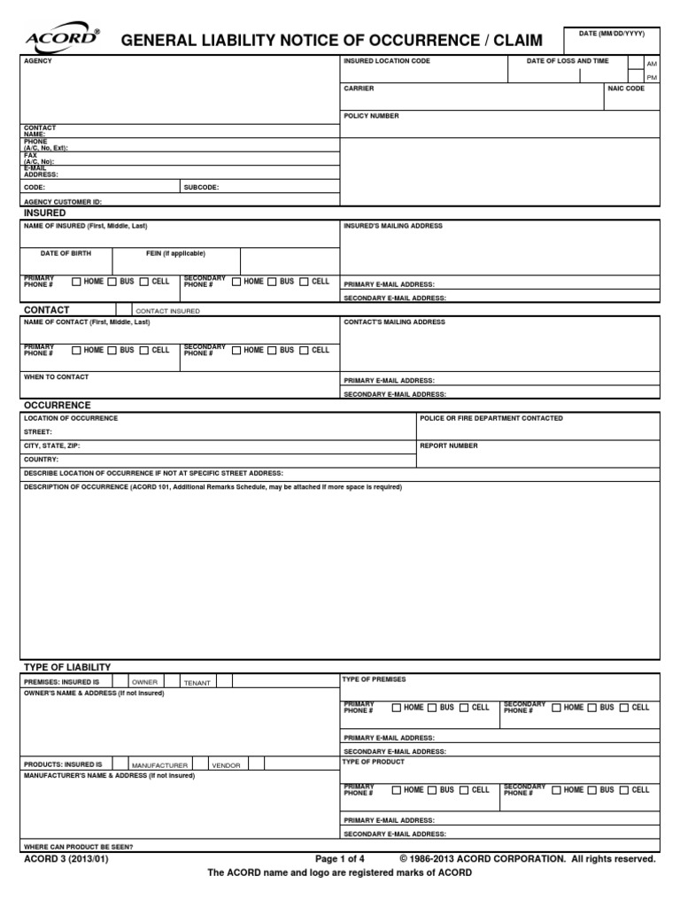 Acord 3 - GL Notice of Occurrence - Claim | PDF | Fraud | Insurance