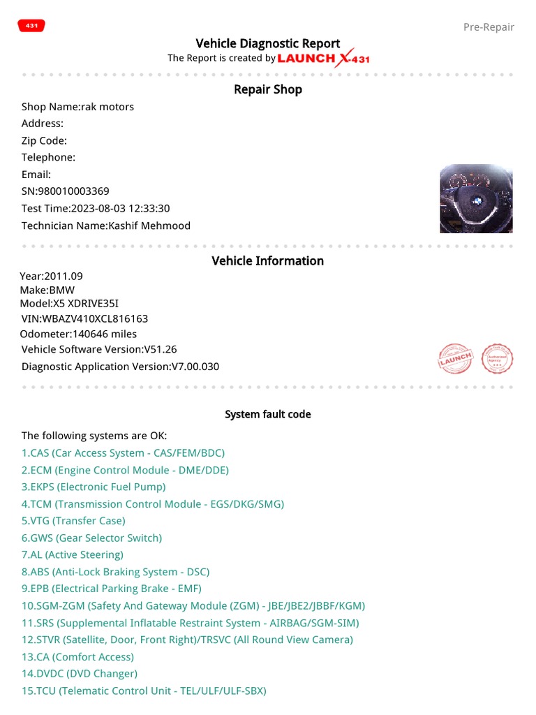 Vehicle Diagnostic Report: The Report Is Created by | PDF
