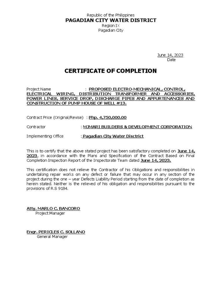 Certificate of Completion Water | PDF