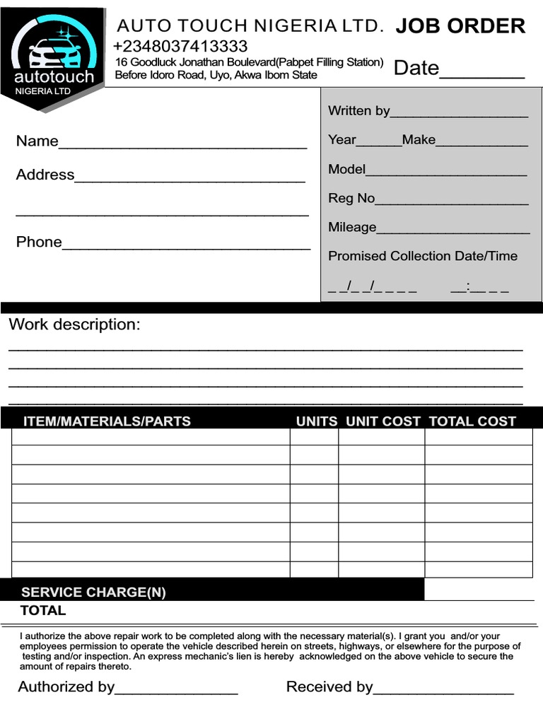 Automotive Job Order Form Template | PDF | Finance & Money Management