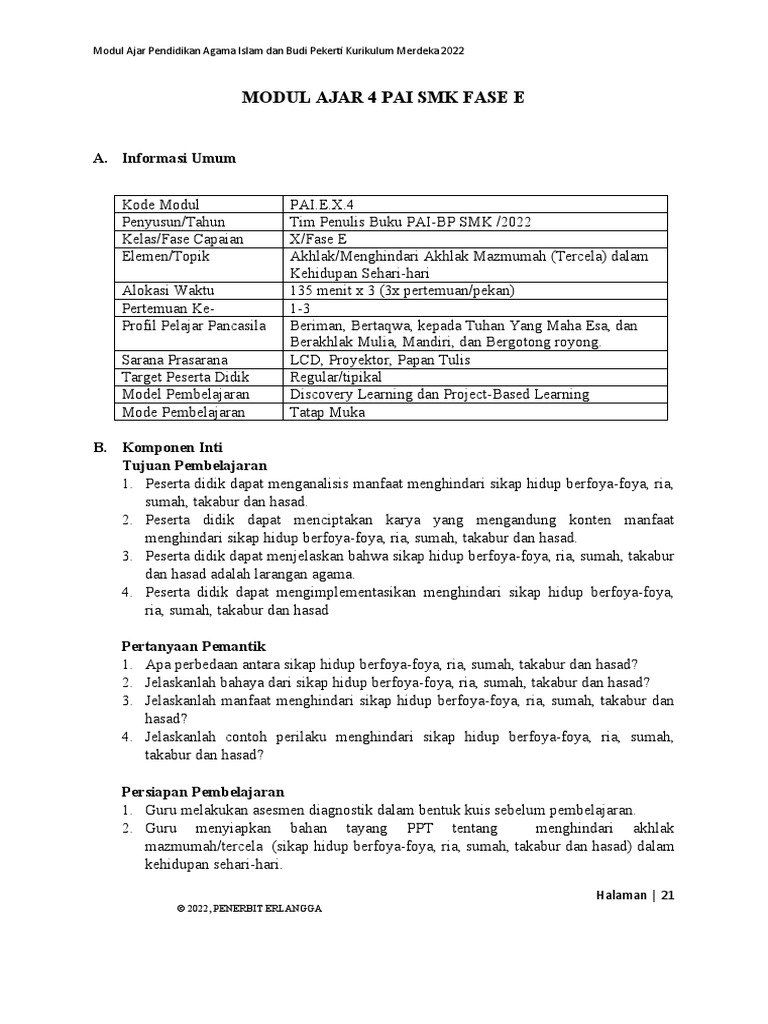 MODUL AJAR 4 PAI SMK KELAS X BAB 4 - Oke-Fin | PDF