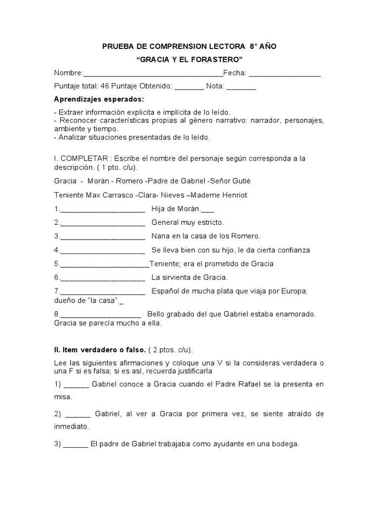 PRUEBA DE COMPRENSIÓN LECTORA 8° AÑO "Gracia y El Forastero" | PDF ...