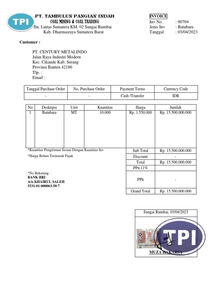 2023.04.03 INV-704 TPI-CMI (Invoice Pemesanan Batubara) - INV - 704 | PDF
