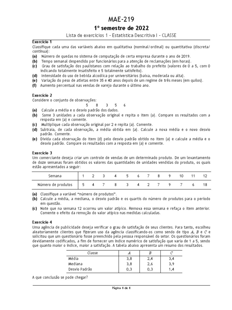 Lista1 MAE0219 2023 Classe | PDF | Média | Desvio padrão