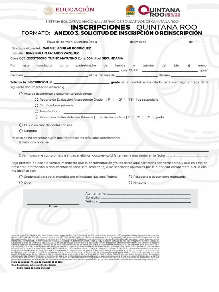 Inscripciones Quintana Roo: Formato: Anexo 3. Solicitud de Inscripción O Reinscripción | PDF ...
