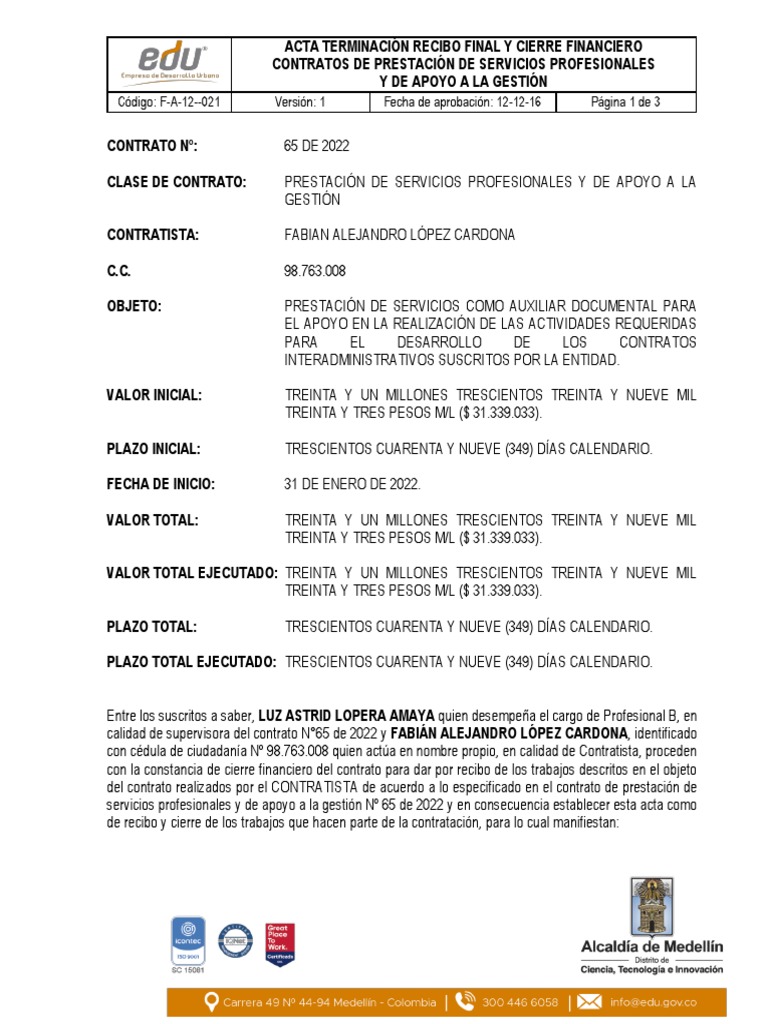 ACTA LIQ. CTTO 65-2022 FABIAN ALEJANDRO LÓPEZ (1) | PDF