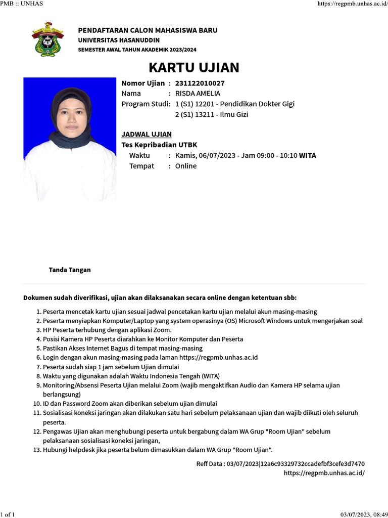 PMB - Unhas Kartu Ujian | PDF | Teknologi & Rekayasa