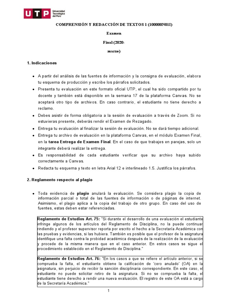 100000N01I COMPRENSIÓN Y REDACCIÓN DE TEXTOS 1-EXAMEN FINAL (Formato Oficial UTP) | PDF | Perú ...