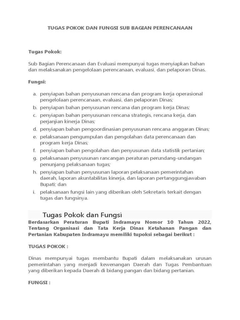 Tugas Pokok Dan Fungsi Sub Bagian Perencanaan | PDF