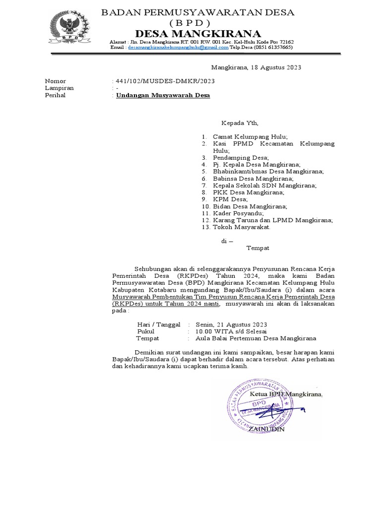 Undangan Musdes Pembentukan Tim Penyusun RKPDes DS, MANGKIRANA 21 August 2023 | PDF