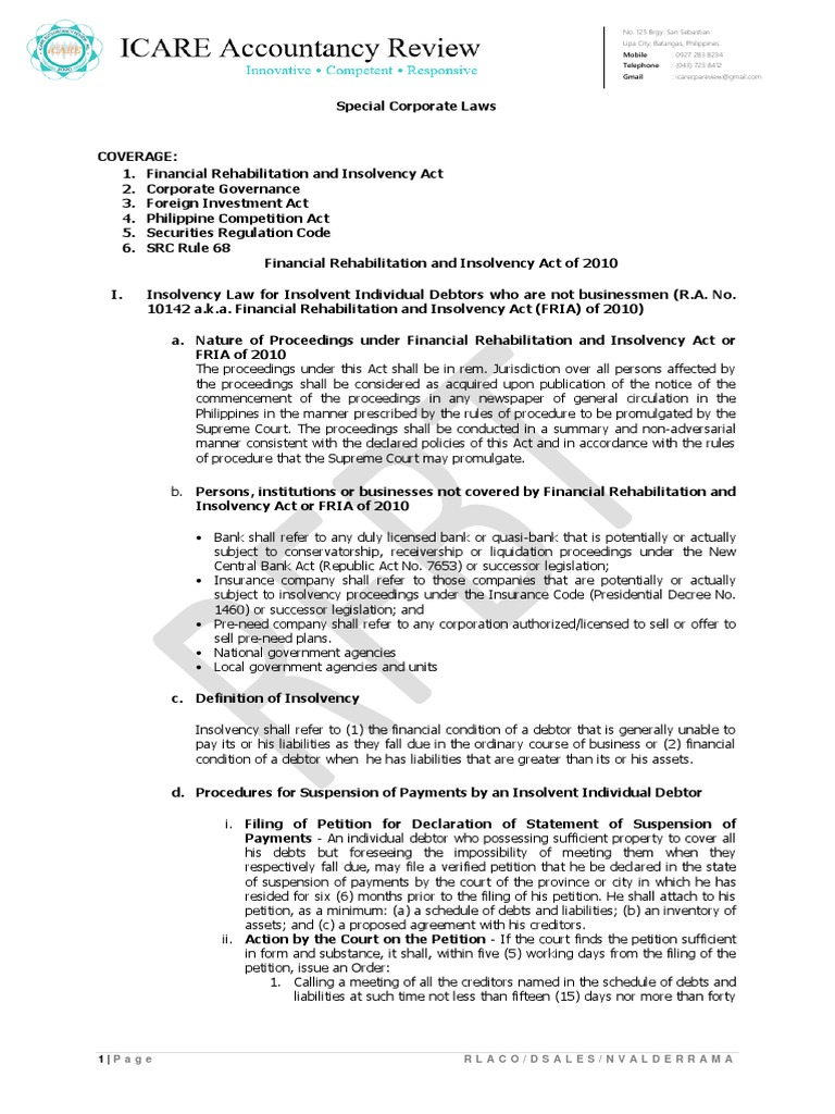 Overview of Special Corporate Laws | PDF | Bankruptcy | Insolvency