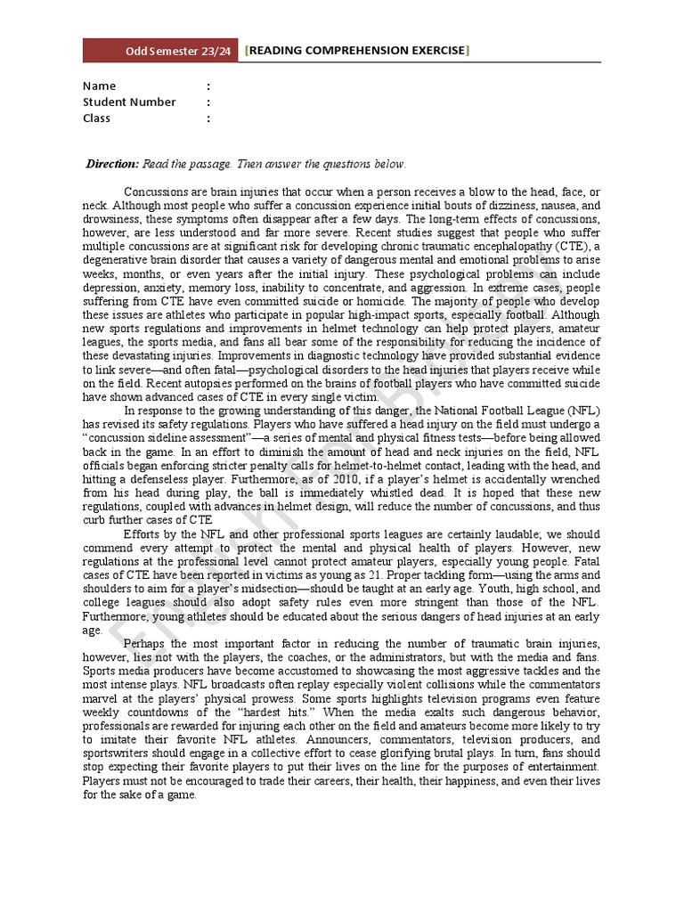 Reading Comprehension | PDF | Concussion | Mental Disorder
