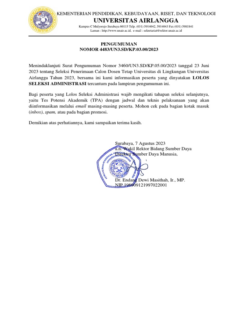 Pengumuman Lolos Seleksi Administrasi CDT 2023 Signed | PDF