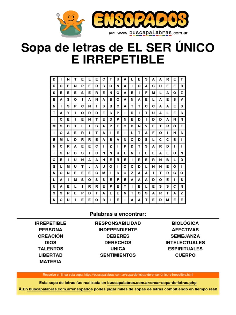 Sopa de Letras de El Ser Único e Irrepetible | PDF