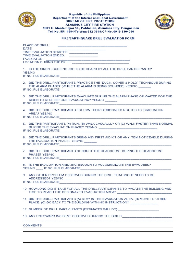 Evaluation Form Quake Drill | PDF | Emergency Evacuation | Disaster ...