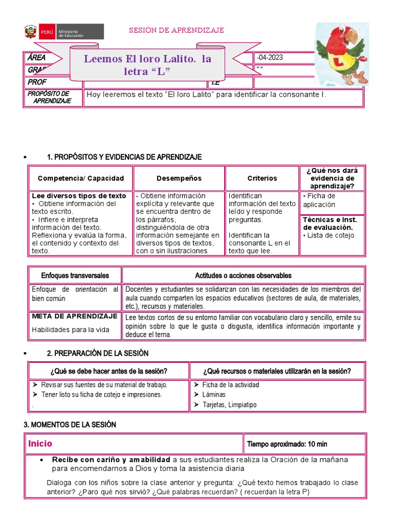 Sesiòn Conocemos La Letra "L" | PDF | Aprendizaje | Evaluación