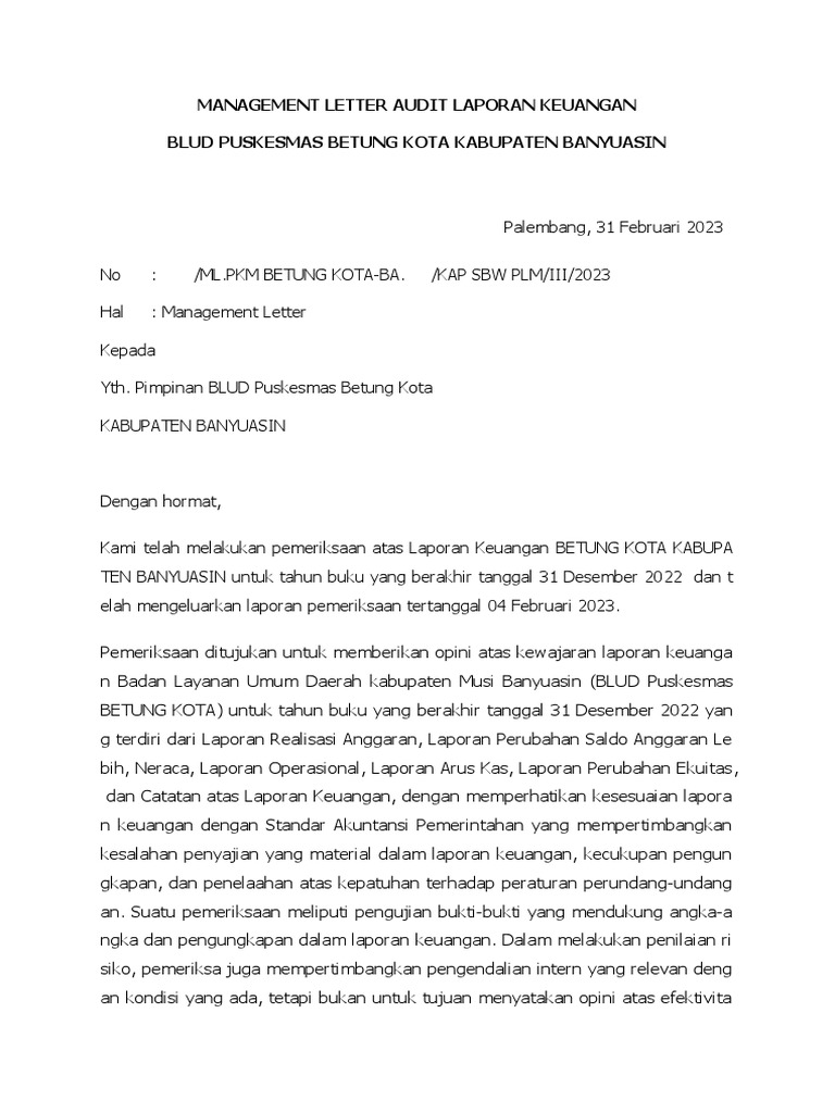 Management Letter Audit Laporan Keuangan | PDF