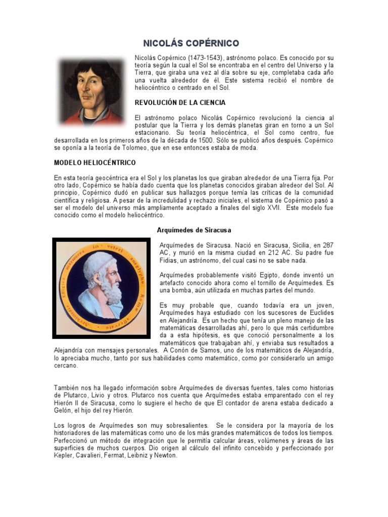 Nicolás Copérnico y Arquímedes: Innovadores | PDF | Heliocentrismo ...