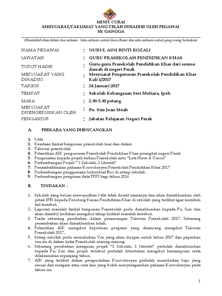 Minit Curai Mesyuarat 1 | PDF