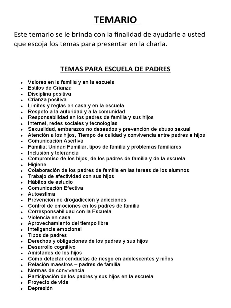 Temas para Escuela de Padres | PDF | Paternidad/maternidad | La ...
