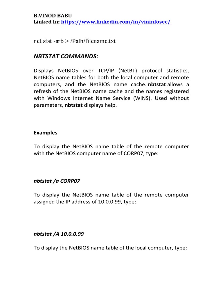 Nbtstat Command Cheat Sheet | PDF | Domain Name System | Computer Architecture