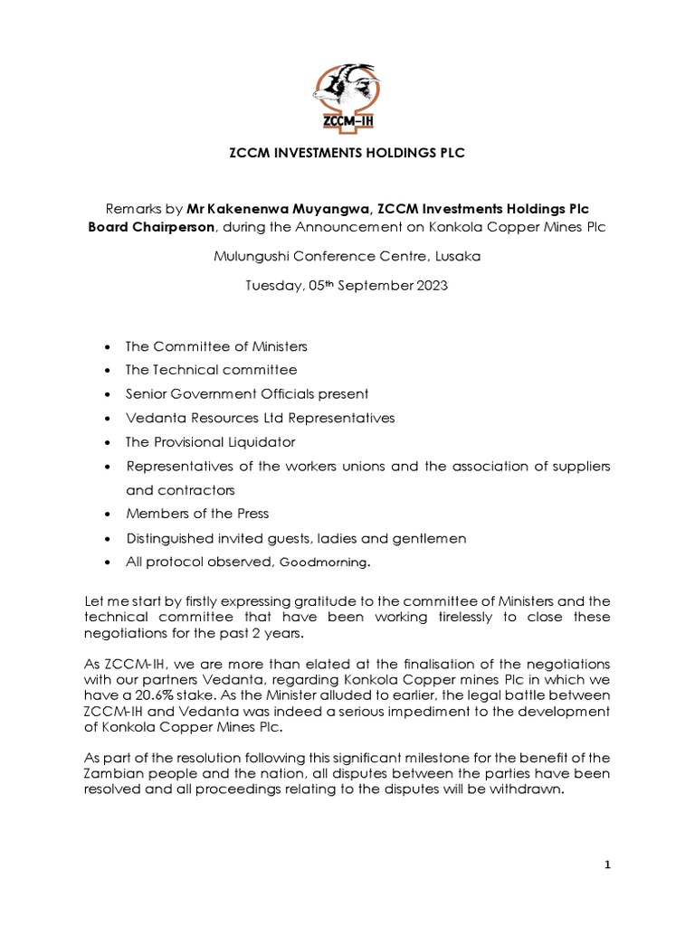 ZCCM-IH Remarks On KCM | PDF