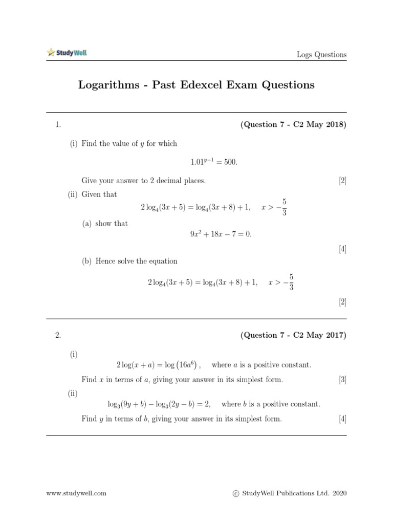 Logs Exam Questions | PDF | Logarithm | Equations