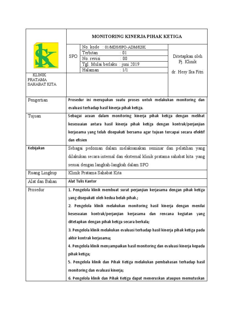 1.5.2 Ep 2 Sop Monitoring Kinerja Pihak Ketiga | PDF