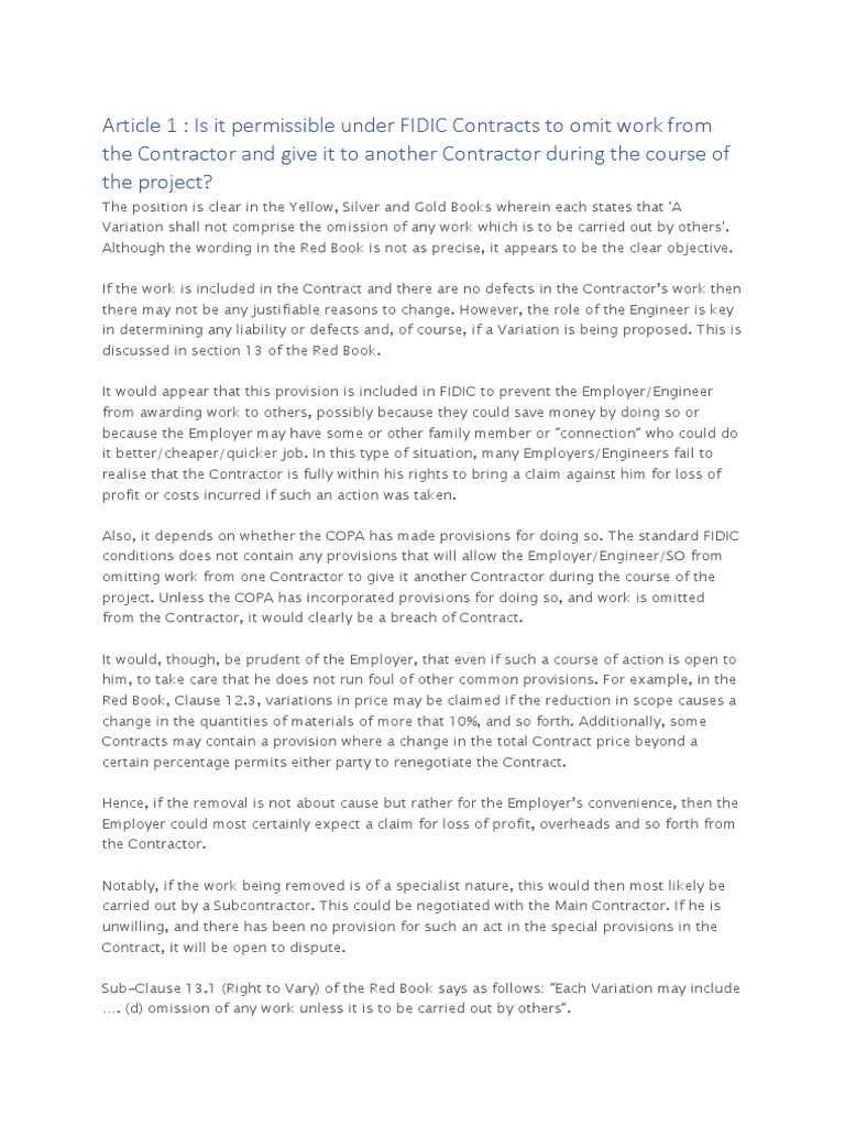 Descoping The Work Under Fidic 1999 Pdf Employment Breach Of Contract