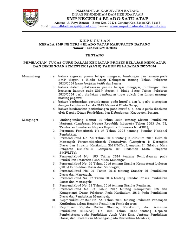 SK Pembagian Tugas Semester 1 2324 | PDF