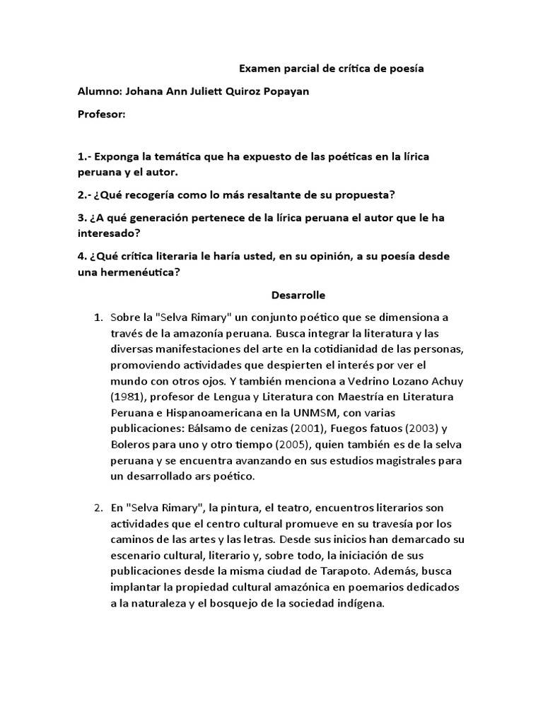 Examen Parcial de Crítica de Poesía JOHANA | PDF | Poesía | Cuentos