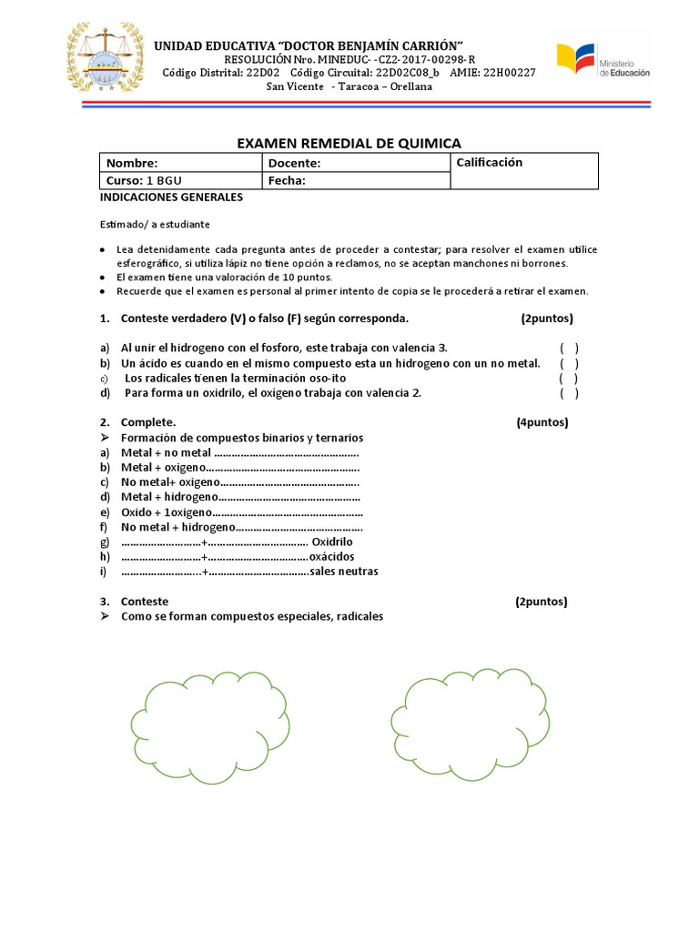 Examen Remedial Quimica 1bgu Pdf Sustancias Químicas Química Física