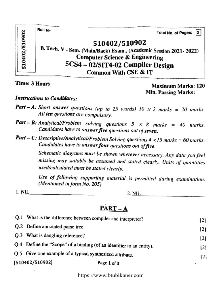 Btech Cs It 5 Sem Compiler Design 510402 2022 | PDF