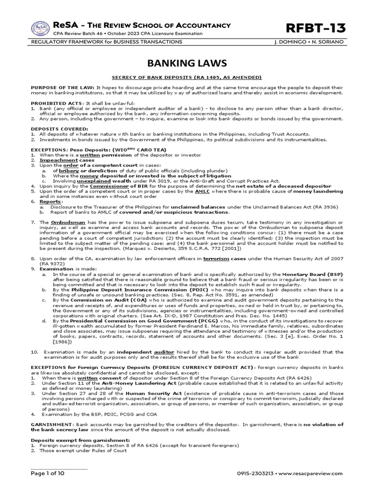 RFBT-13 (Banking Laws) | PDF | Money Laundering | Banks