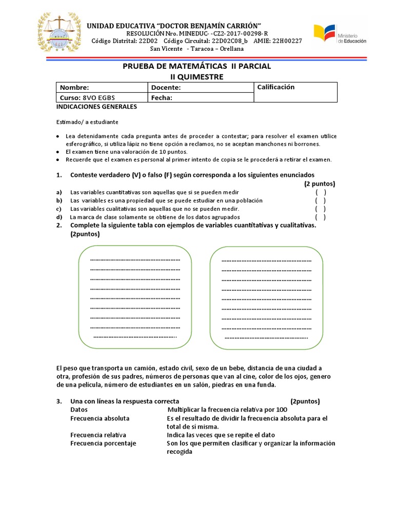 Pruebas de Mate 2023 II QUIMESTRE | PDF | Desviación Estándar | Matemáticas