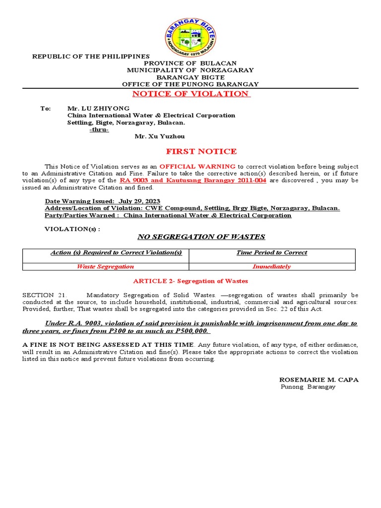 Notice of Violation for Waste Segregation | PDF | Finance & Money ...