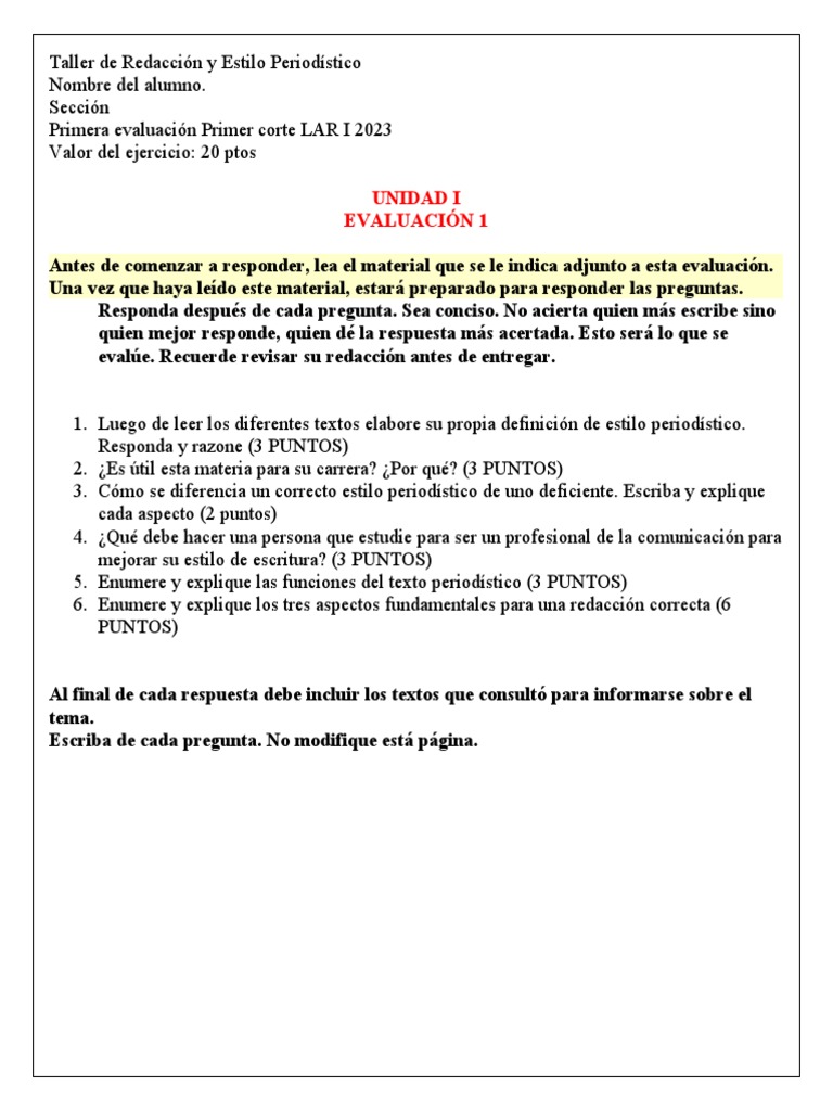 EVA 1. UNIDAD 1 Taller de Redacción y Estilo Periodístico | PDF