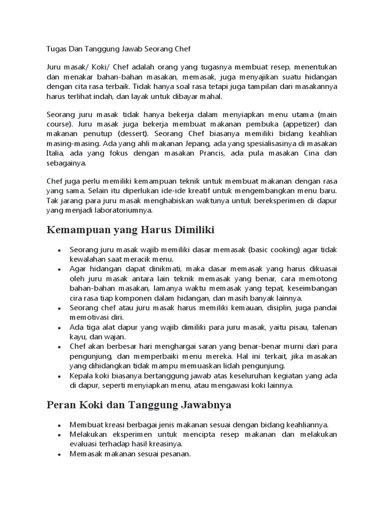 Tugas Dan Tanggung Jawab Seorang Chef | PDF | Memasak, Makanan, & Anggur