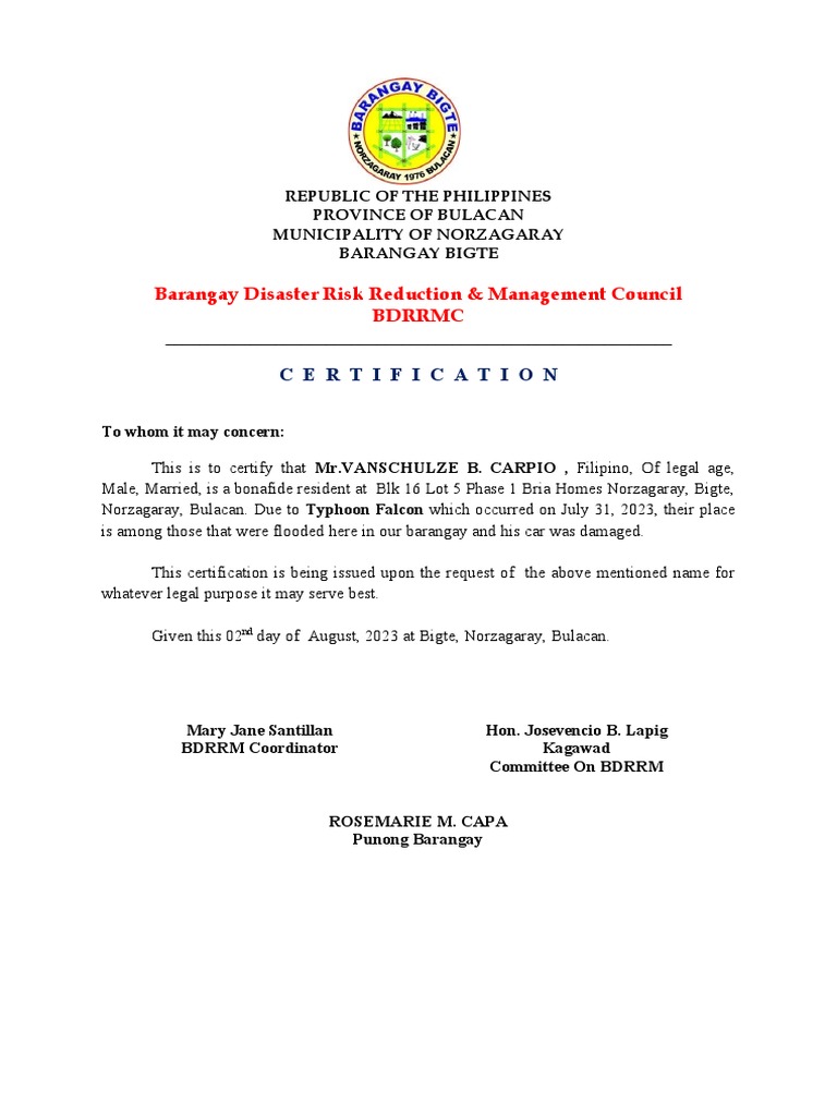 Barangay Certification for Typhoon Damage | PDF