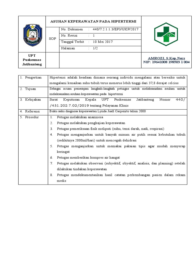 Asuhan Keperawatan Hipertermi SOP | PDF