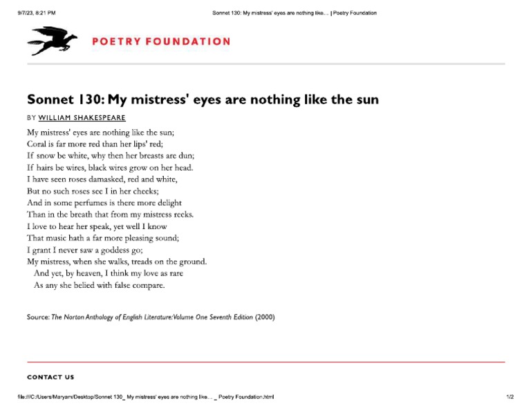 Sonnet 130_ My mistress_ eyes are nothing like& _ Poetry Foundation | PDF