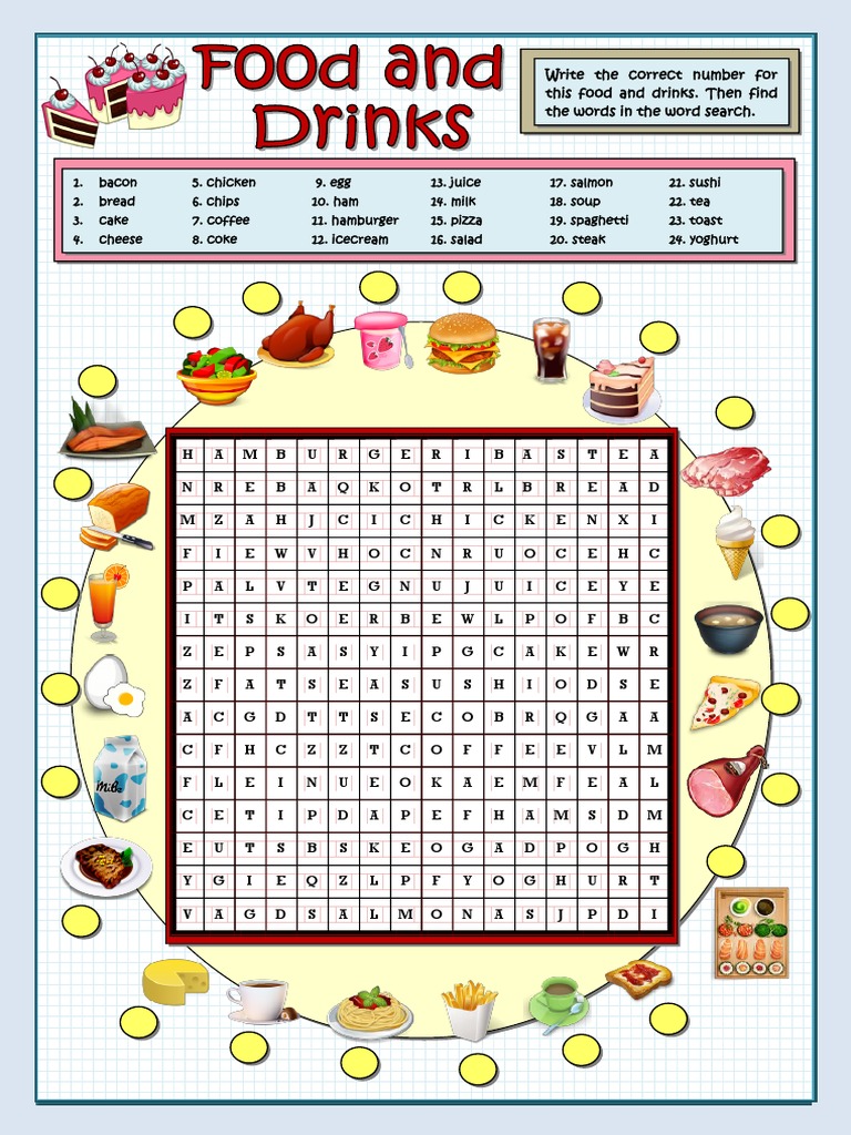 Food and Drinks Wordsearch Crosswords Fun Activities Games Picture ...