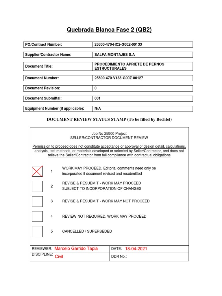Procedimiento Apriete Pernos QB2 | PDF | Tornillo | Seguridad y salud ocupacional